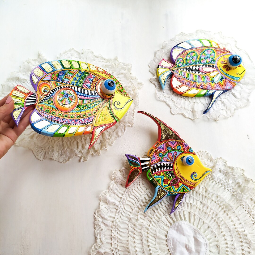 Set of 3 Polymer Clay Fish Wall Art in Talavera Pottery Style. Hawaiian ...