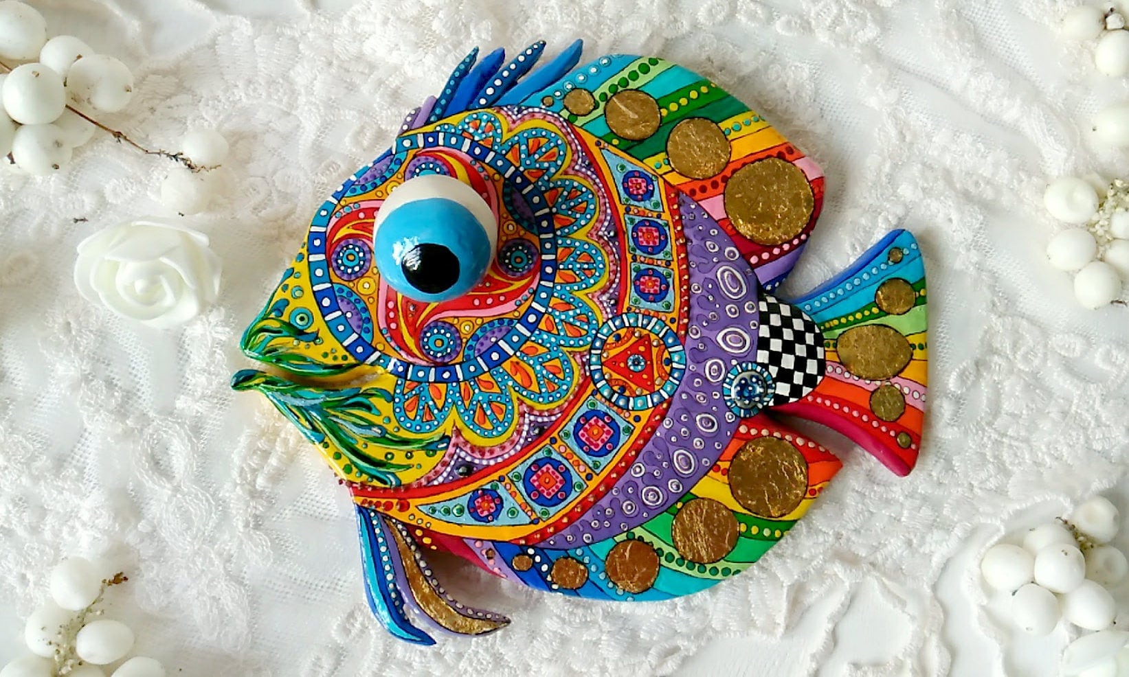 Polymer clay fish wall art in Talavera pottery style. Tropical | Etsy
