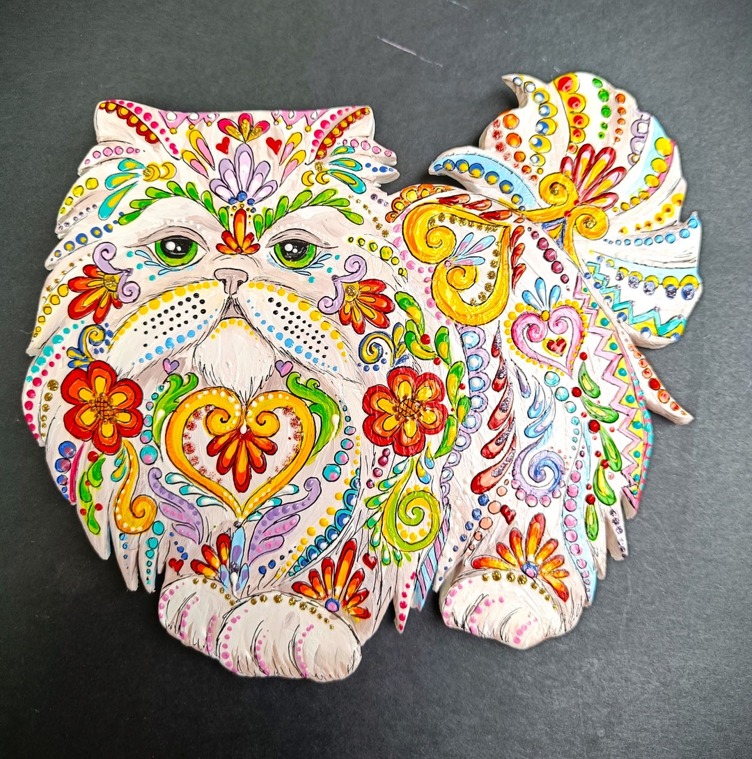 Custom Pet Portrait, White Cat Artwork. Talavera Pottery Mexican Folk ...