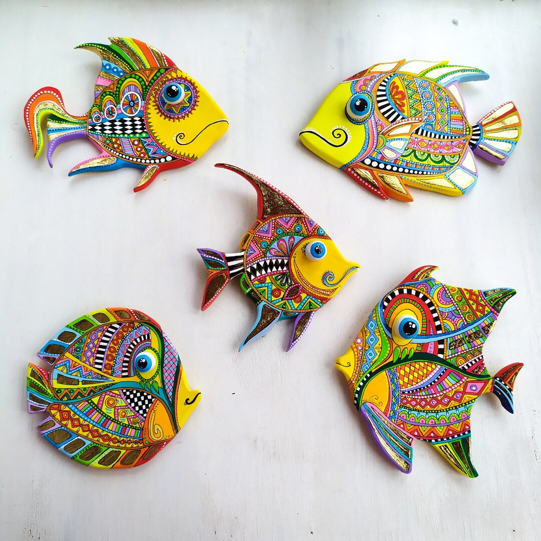 5 Painted Fish Clay Wall Hanging. Over Bed Wall Decor, Sealife Polymer ...