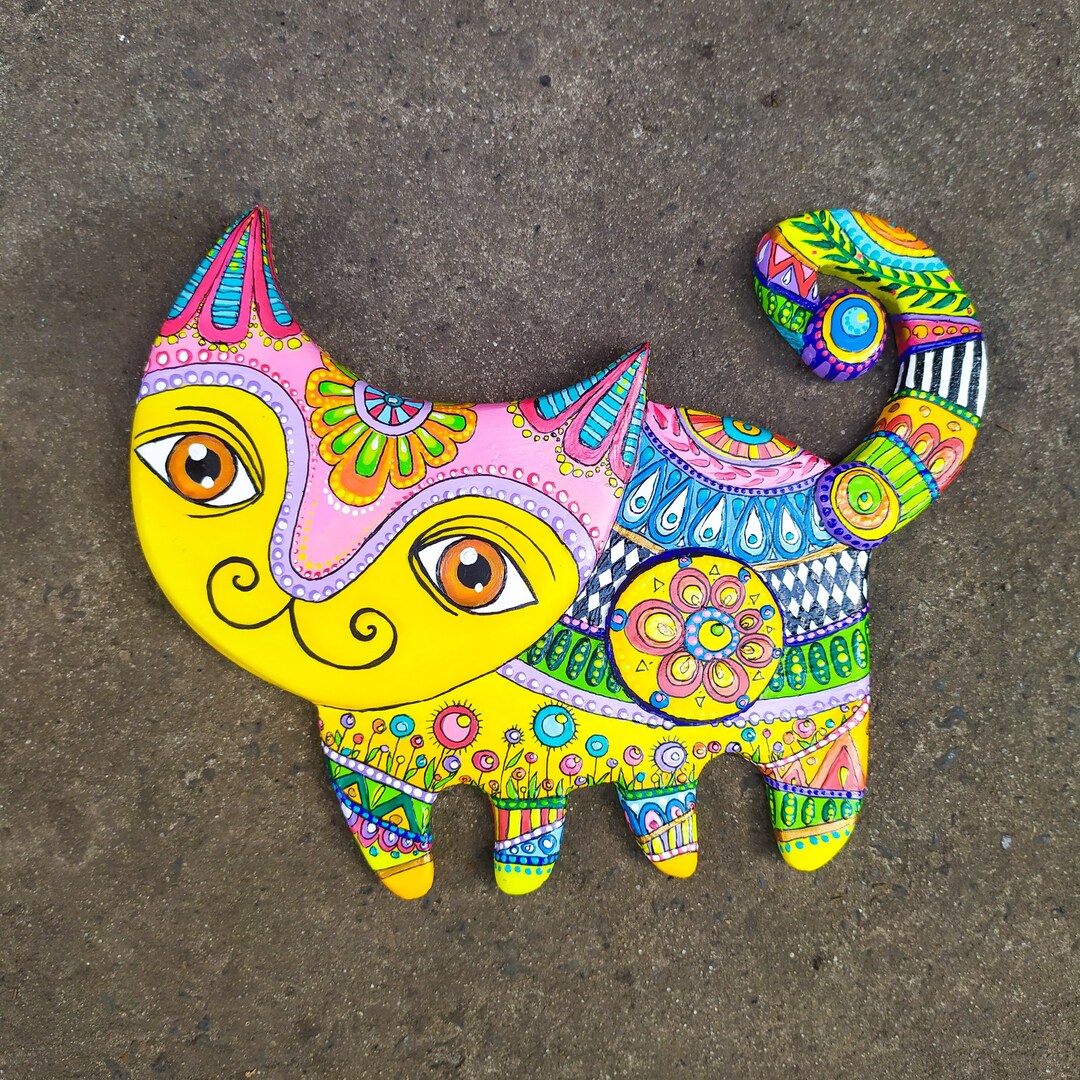 Bright Wall Art Animal. Handmade Cat Wall Hanging in Mexican Folk Art ...