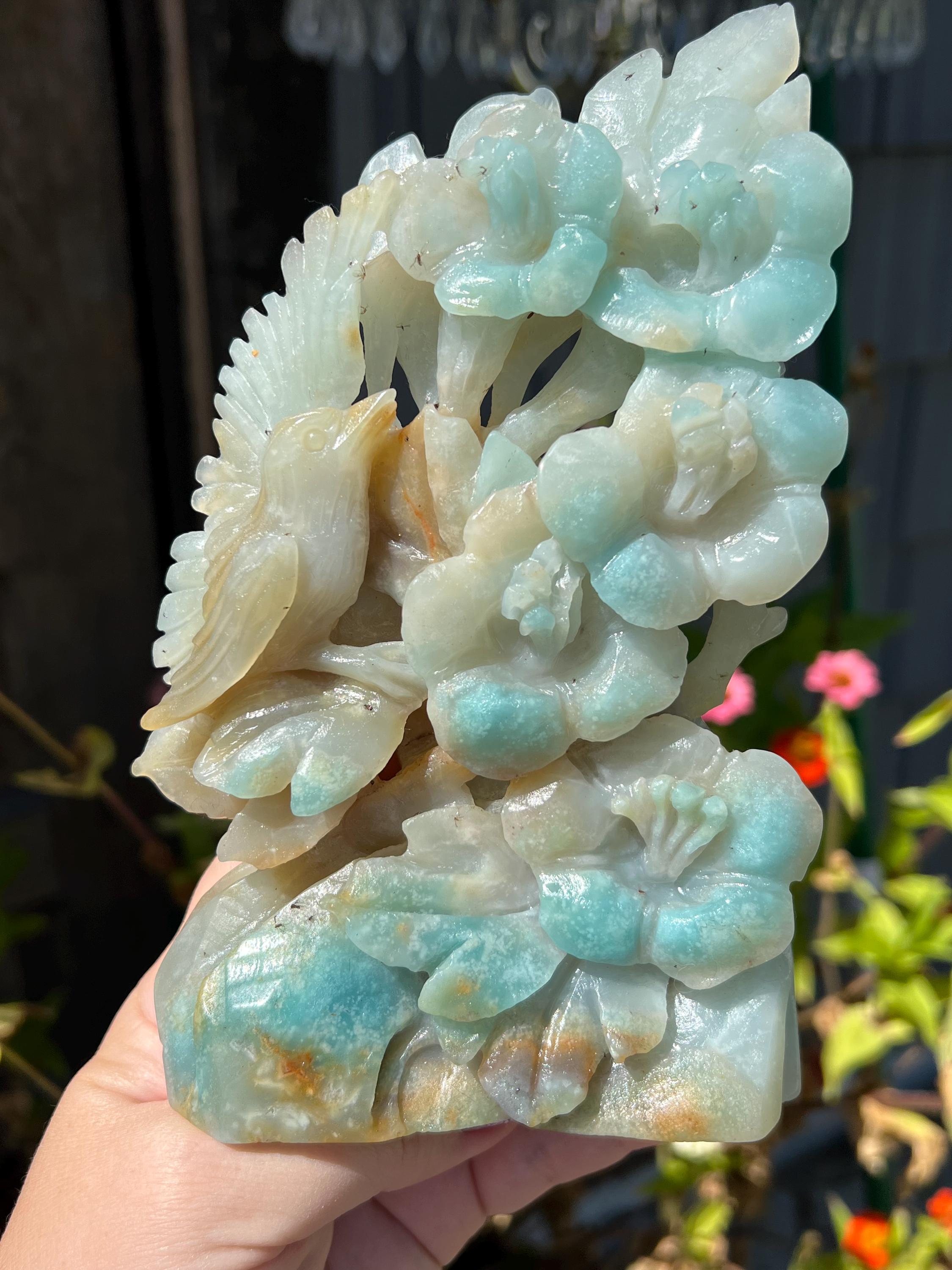 Caribbean Calcite Carving: Calcite Crystal Flowers With Bird Hand ...