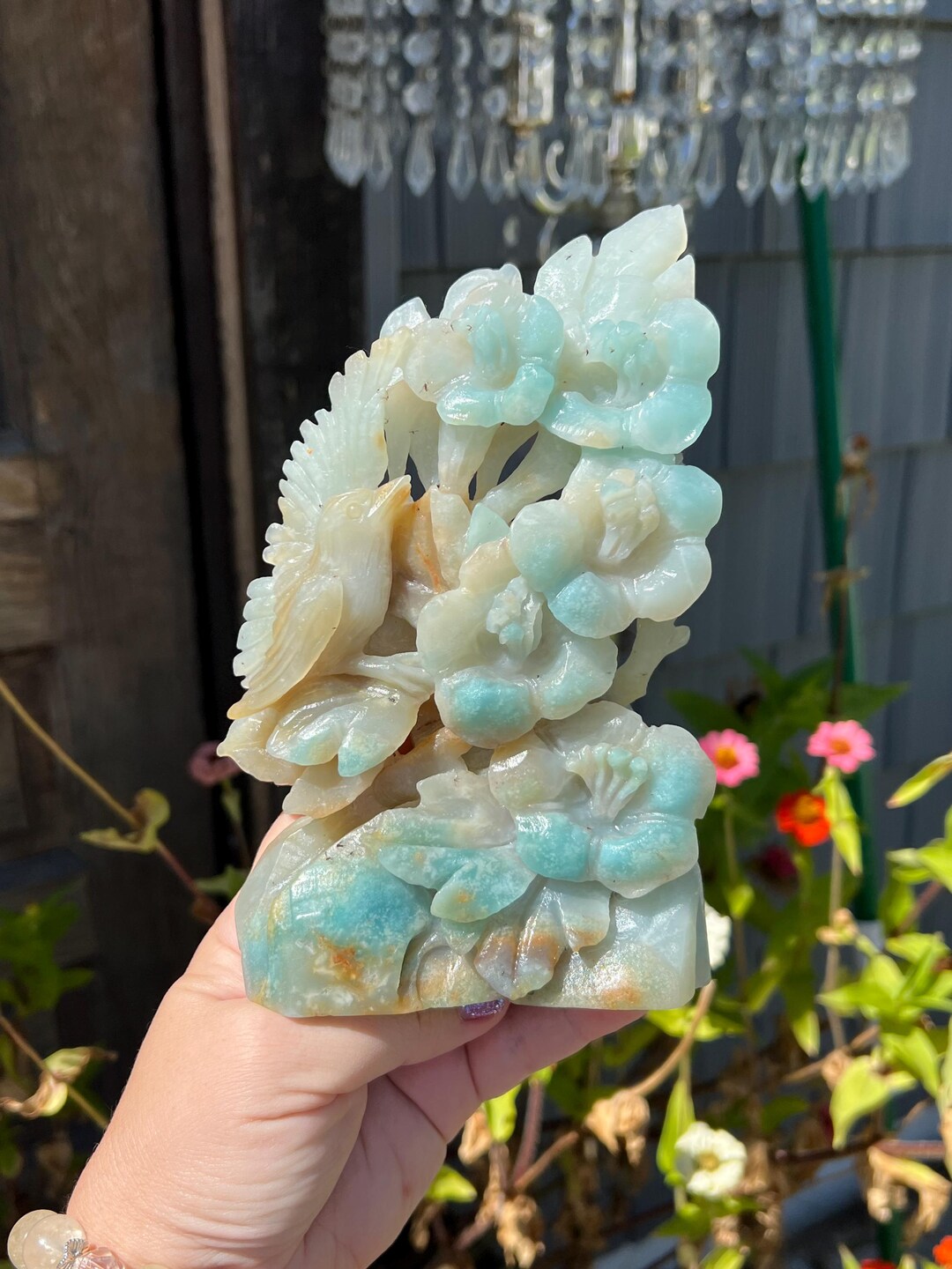 Caribbean Calcite Carving: Calcite Crystal Flowers With Bird Hand ...