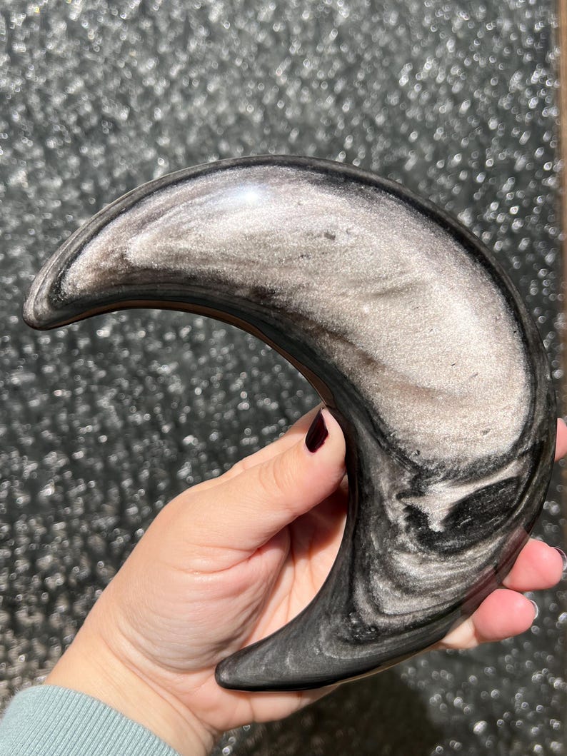 Large Silver Sheen Obsidian Moon Crescent: 11" Tall Display Stand - Etsy