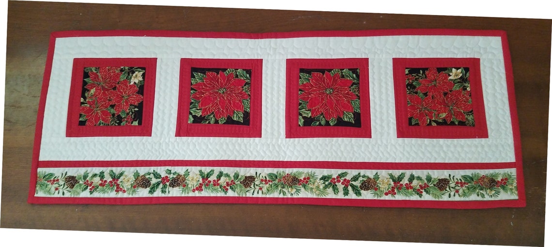 Christmas Table Runner, Red Poinsettia, Quilted Christmas Decor, - Etsy