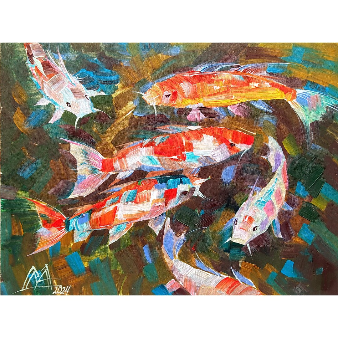 Koi Fish Oil Painting Impasto Small Art Impressionist Koi Carp Original ...