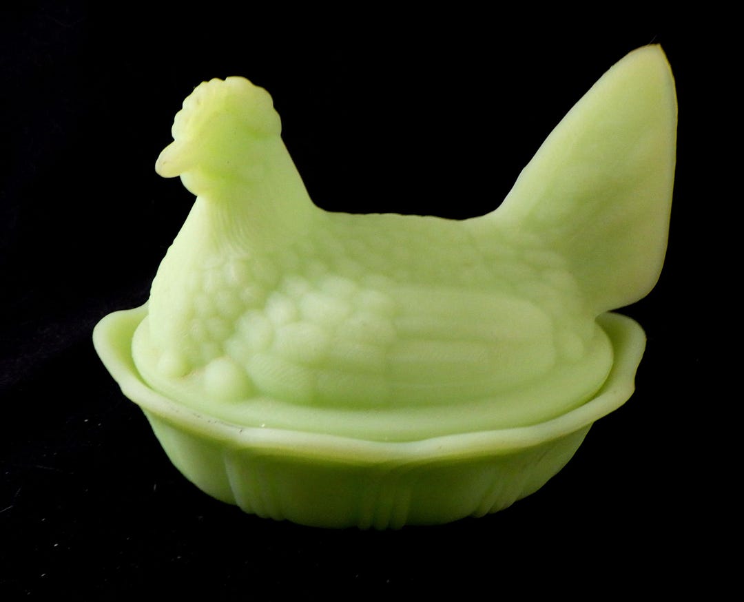 Fenton Green Satin Custard Uranium Glass 5" Hen on Nest Lid Trinket ...