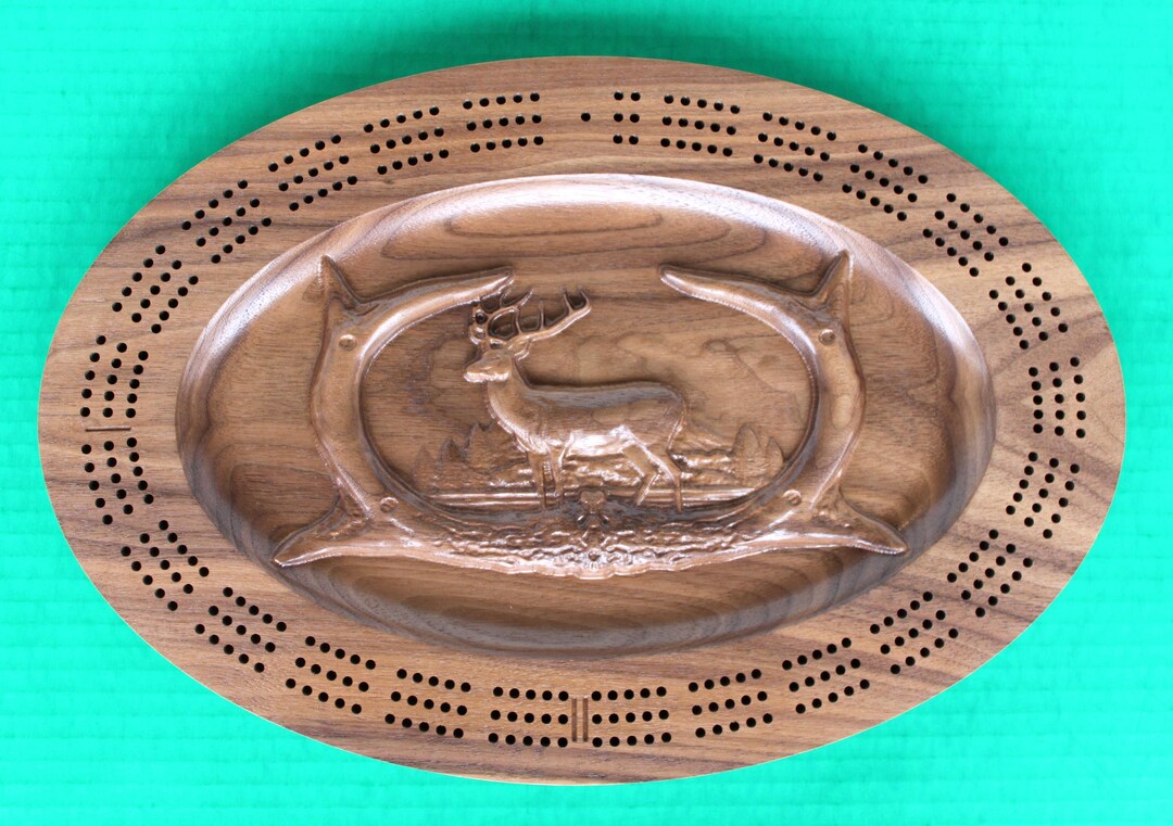3D Carved Walnut Cribbage Board: Deer and Horns Design - Etsy