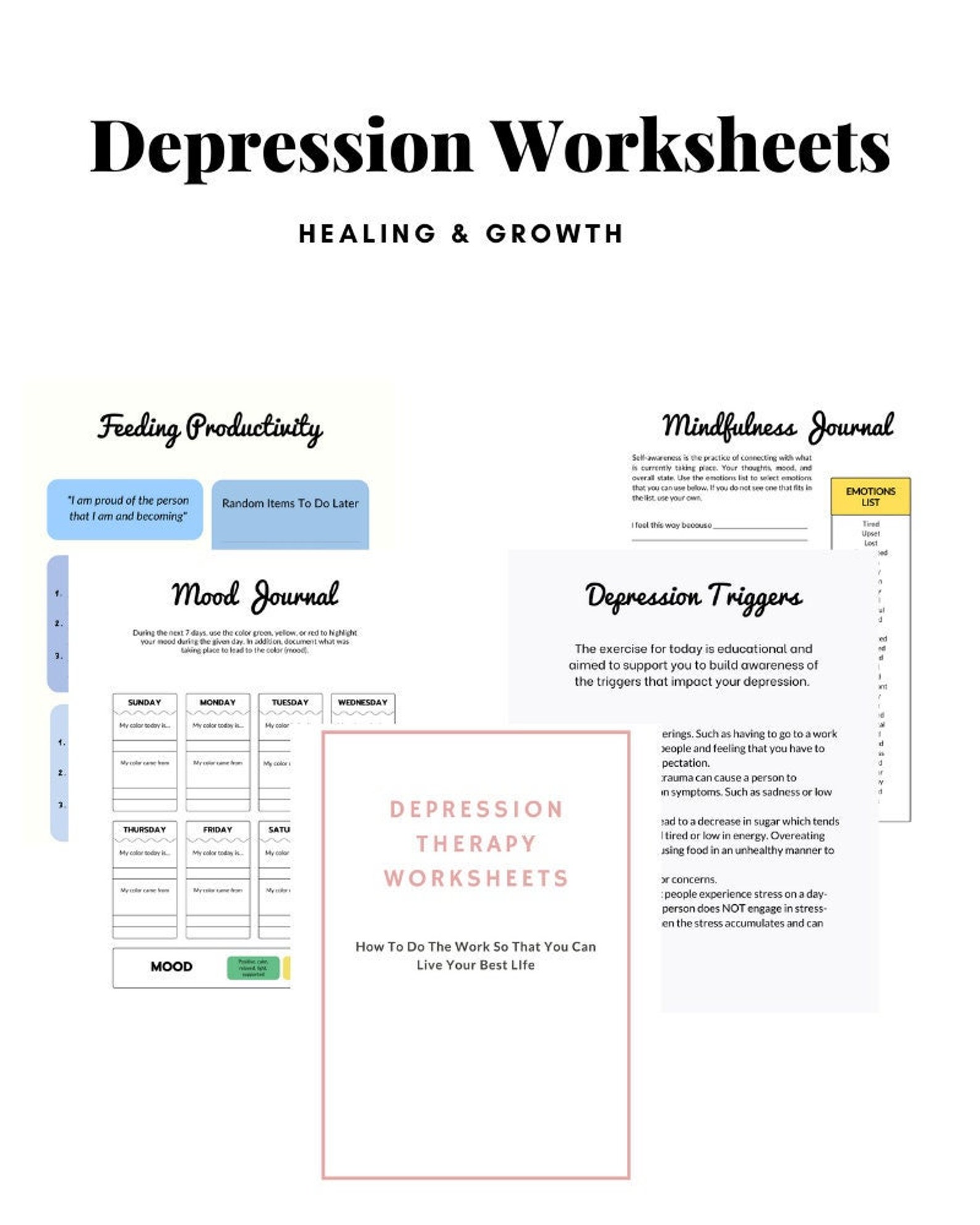 Depression Therapy Worksheets and Journal: for Depression, Mental ...