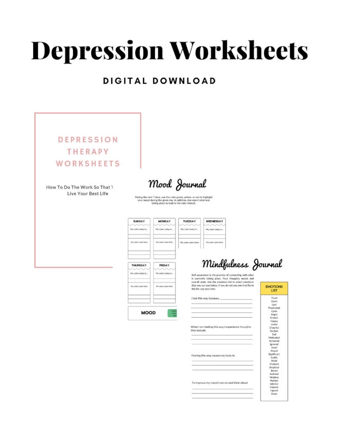Depression Therapy Worksheets and Journal: for Depression, Mental ...