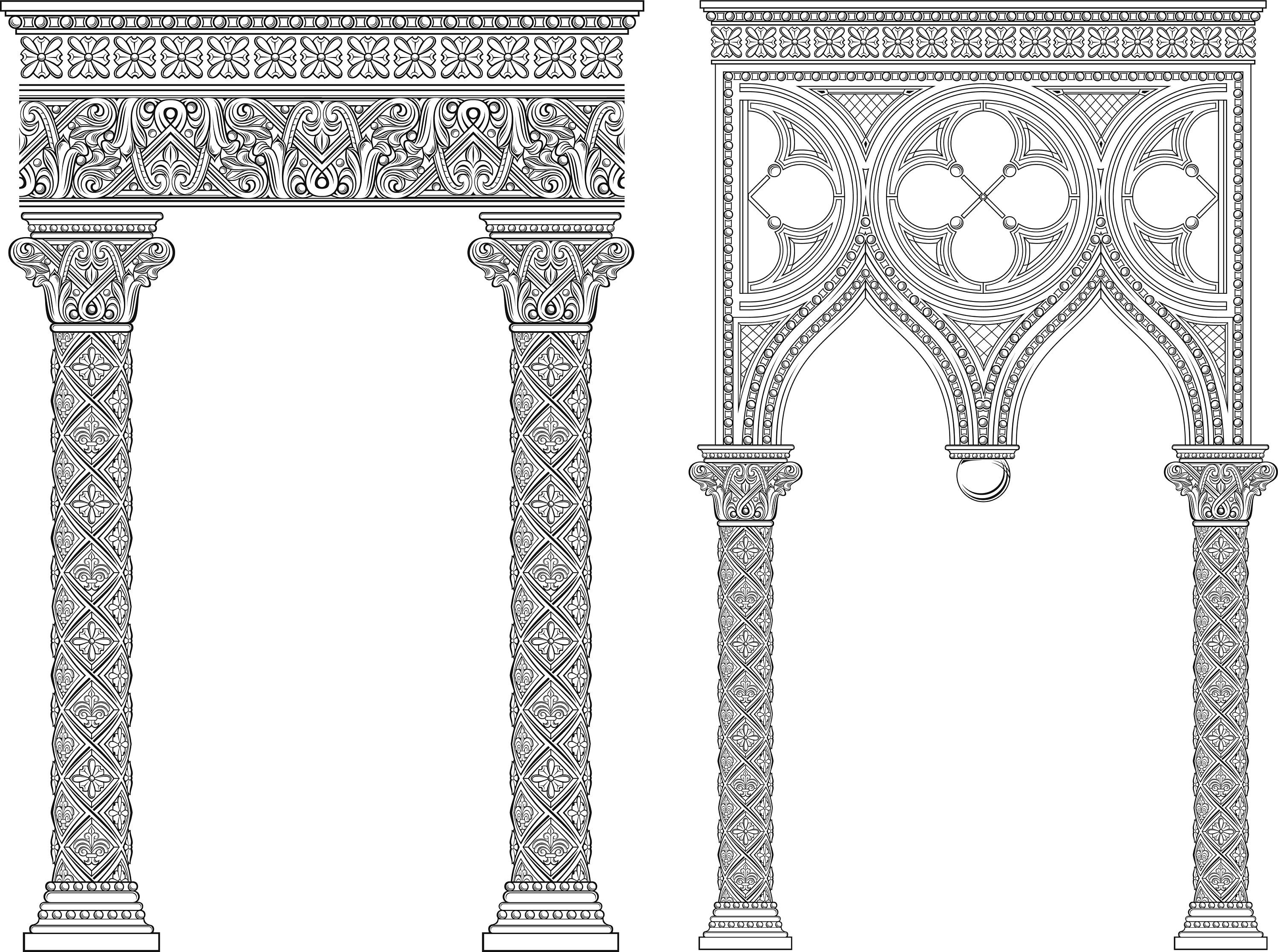 Set 2 Classic Arch Column Gothic Cathedral Stained Glass Window