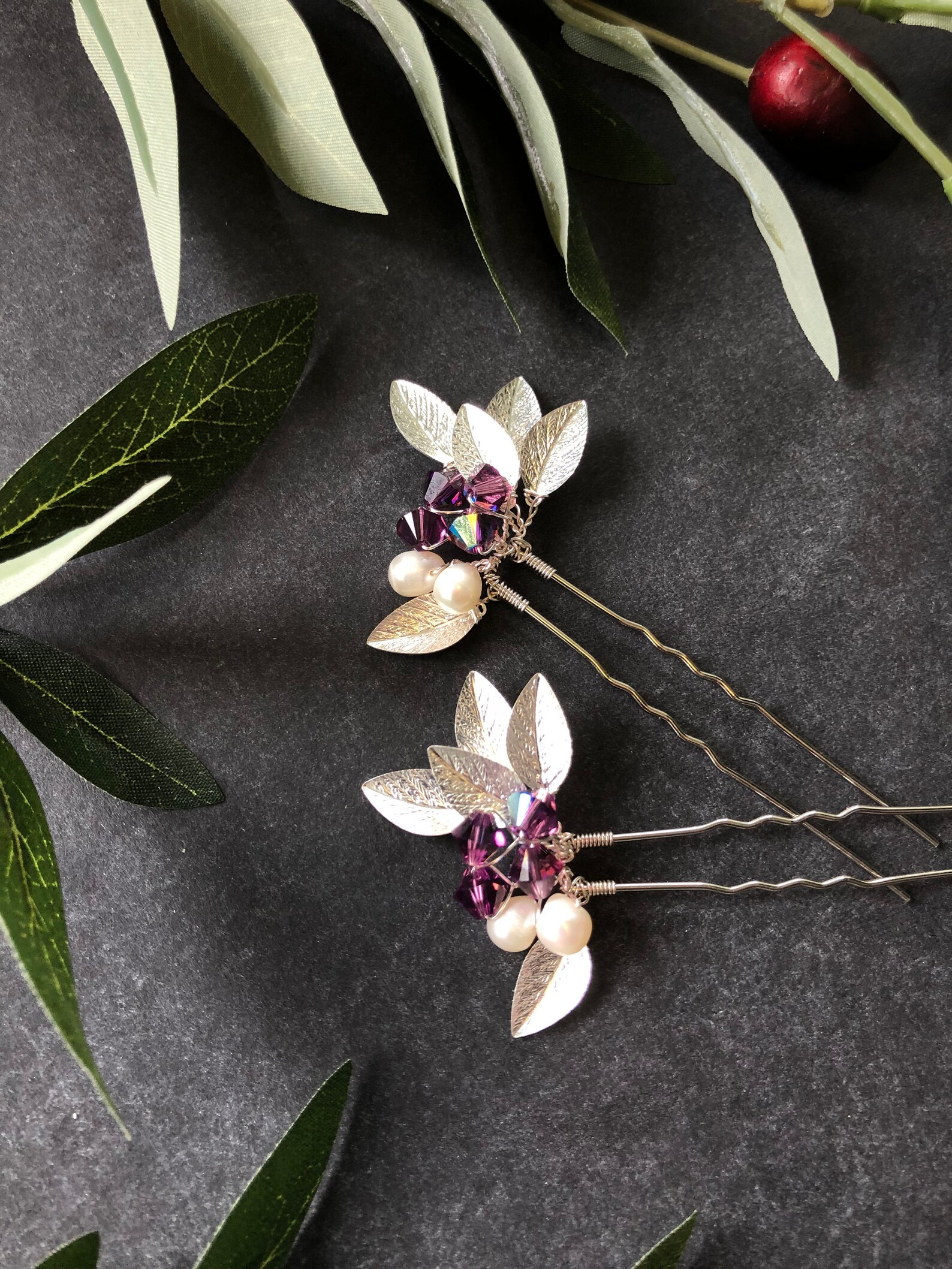 Pearl & Amethyst Crystal Hair Pins 1 Amethyst and Silver | Etsy