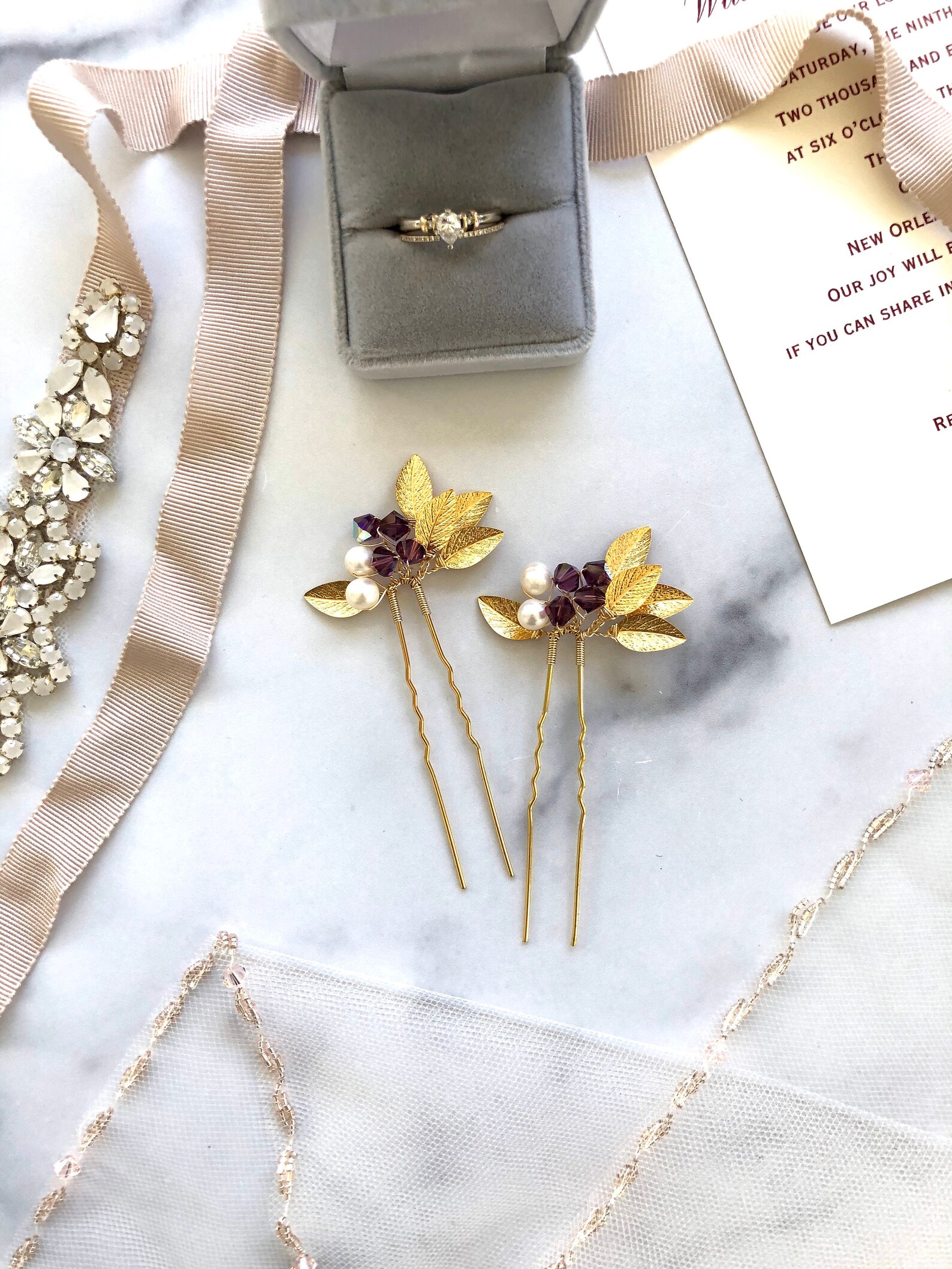 Amethyst Crystal & Pearl Hair Pins 1 Amethyst and Gold - Etsy