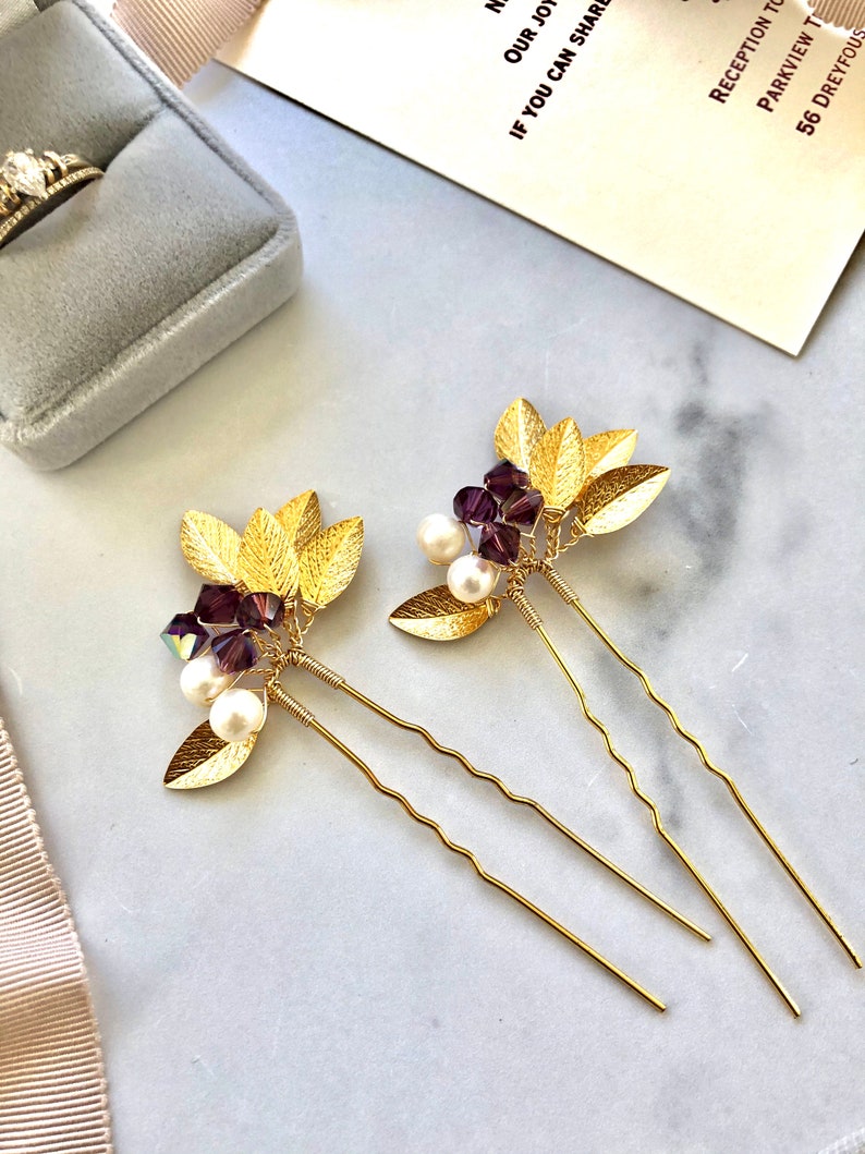 Amethyst Crystal & Pearl Hair Pins 1 Amethyst and Gold | Etsy