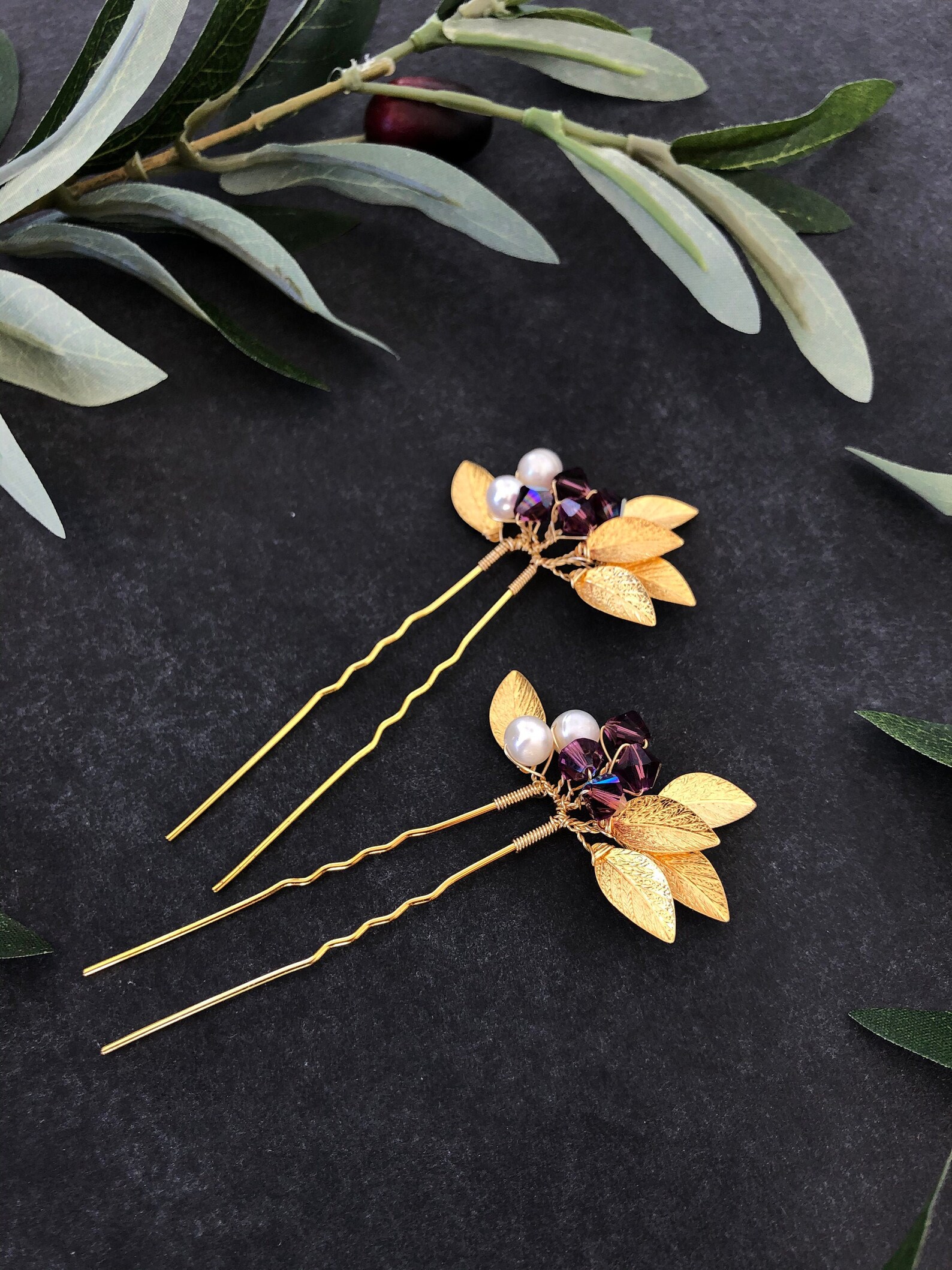 Amethyst Crystal & Pearl Hair Pins 1 Amethyst and Gold - Etsy