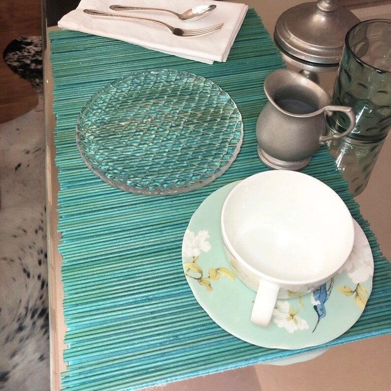 Aqua Bamboo Placemats : Handmade of Soft Turquoise Dyed | Etsy