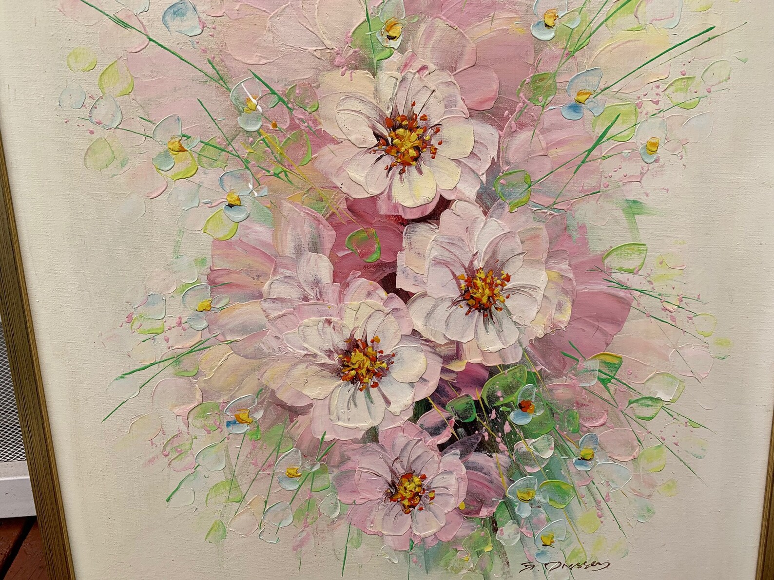 60s 70s Vintage MCM Flower Painting With Gold Frame / Acrylic on Canvas ...