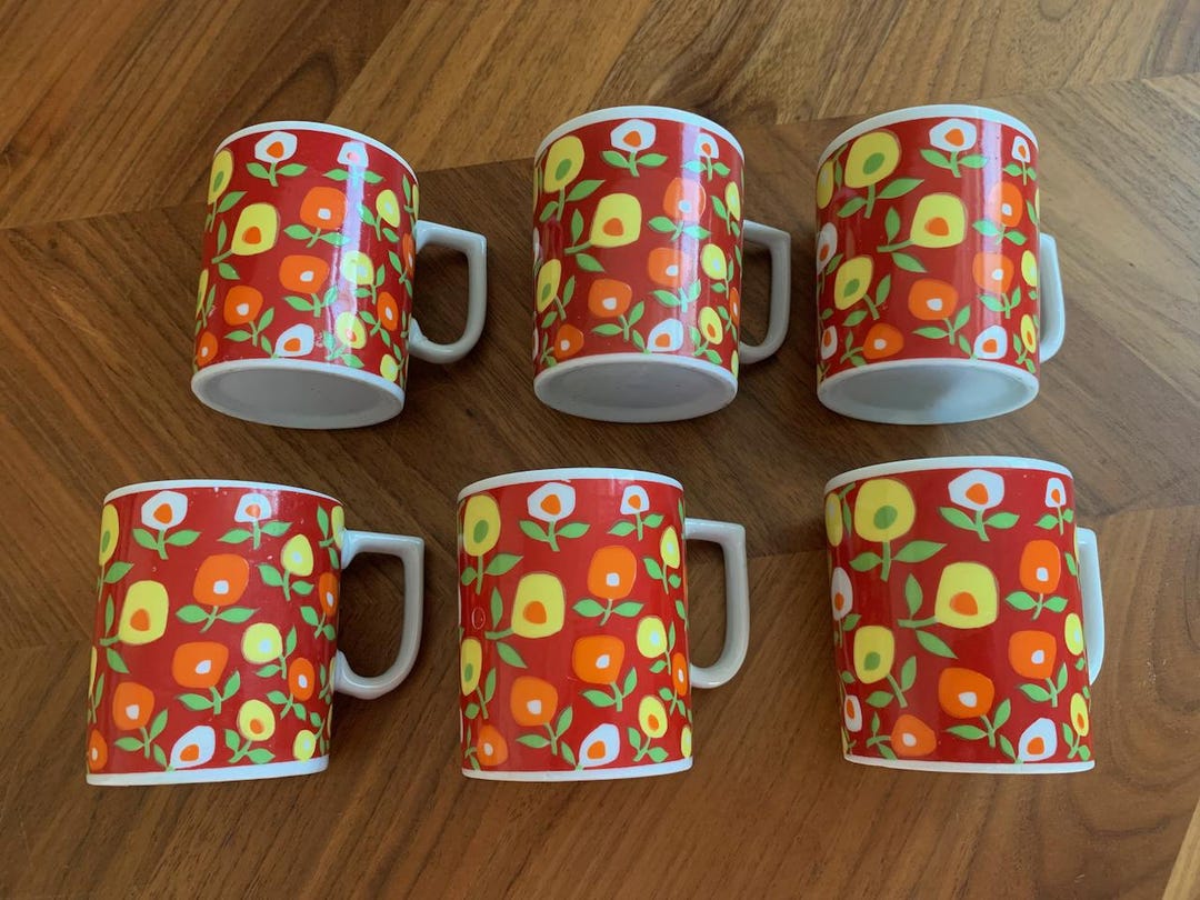 Vintage MCM 1970s Mod Floral Stoneware Mugs X 6 / Red, Yellow and ...