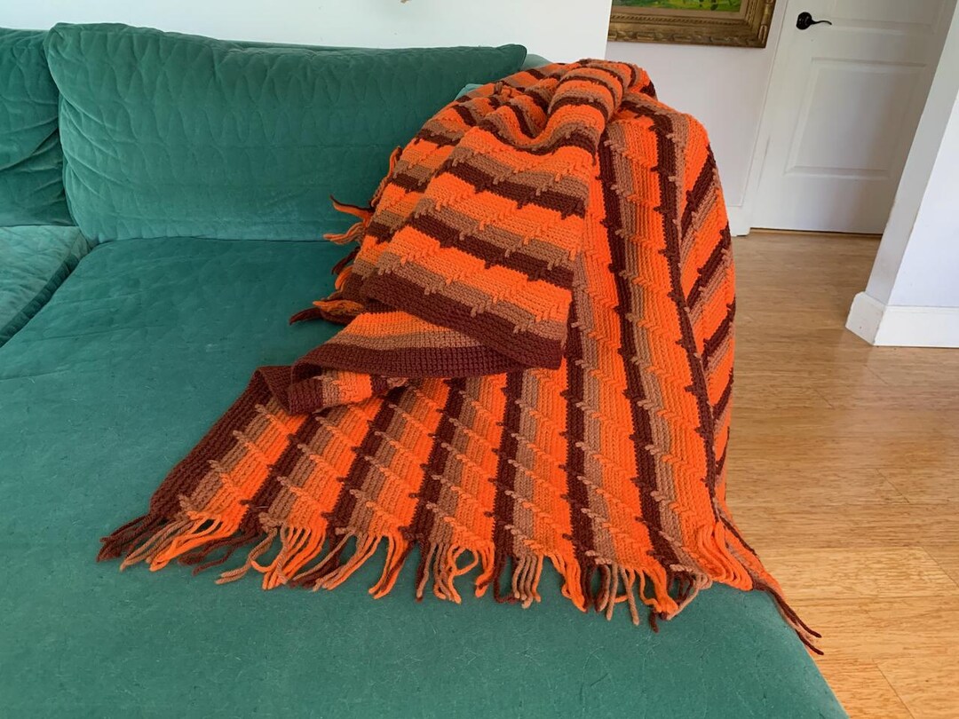 Vintage 70s Striped Orange Afghan Throw / MCM Colorful Gradient Crochet ...