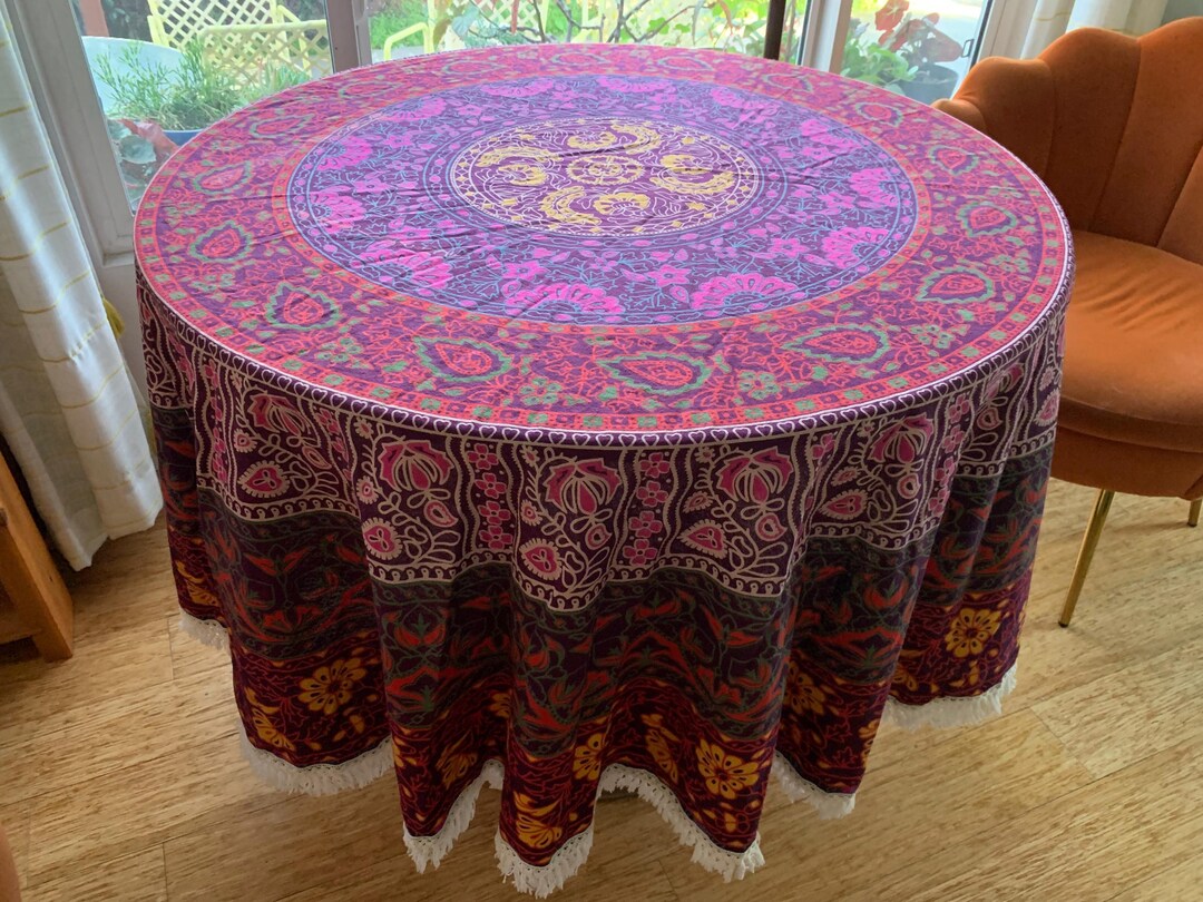Vintage Inspired 72" Round Tablecloth With Fringe / Pink, Red and ...