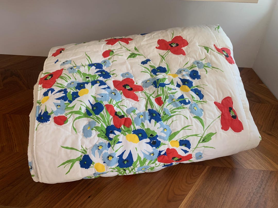Vintage Full/queen Floral Poppy Comforter Quilted Bedspread Mod Retro ...