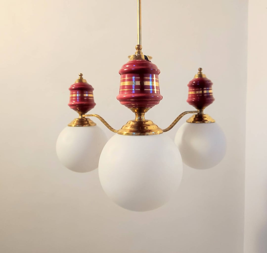 Vintage Ceiling Lamp / Three Bulbs Chandelier / Ceramic and Metal ...