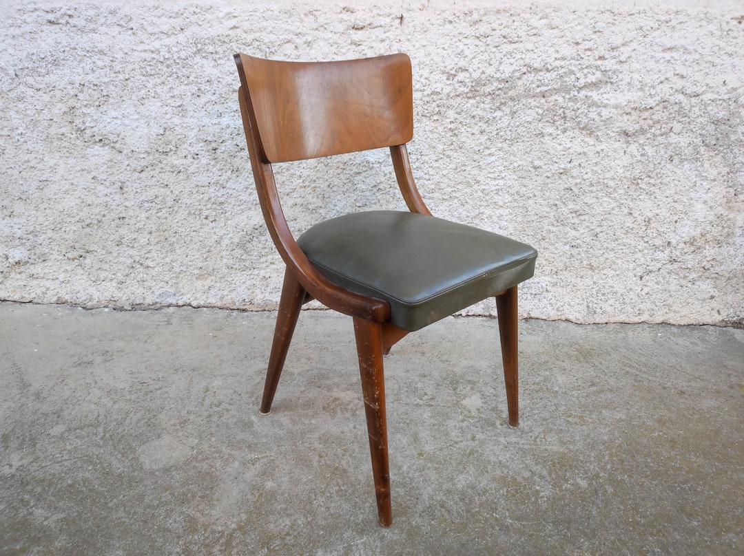 Vintage Wooden Chair/ Wood and Green Leather Chair / Dining Chair/ Stol ...