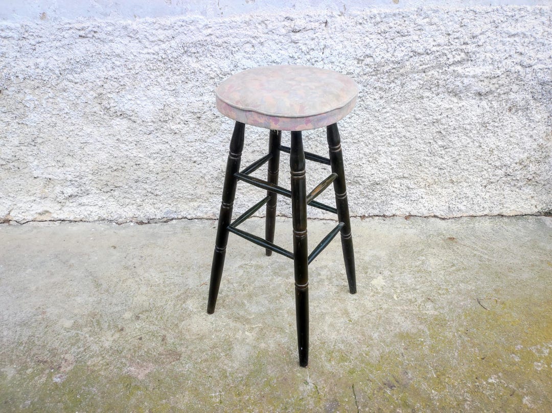 Vintage Bar Stool/ Mid Century Stool/ Wooden Stand/ Upholstered Stand ...