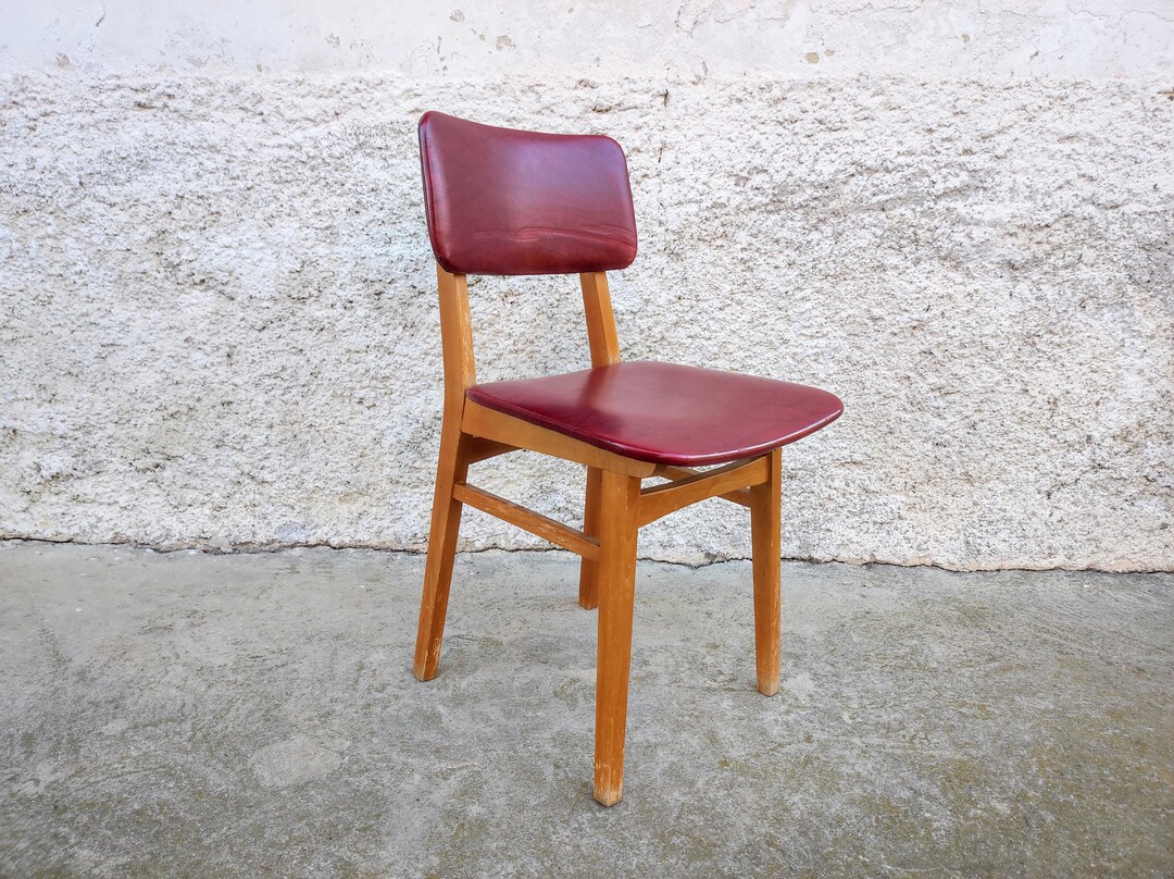 Vintage Wooden Chair/ Wood and Red Leather Chair / Dining Chair/ Old ...