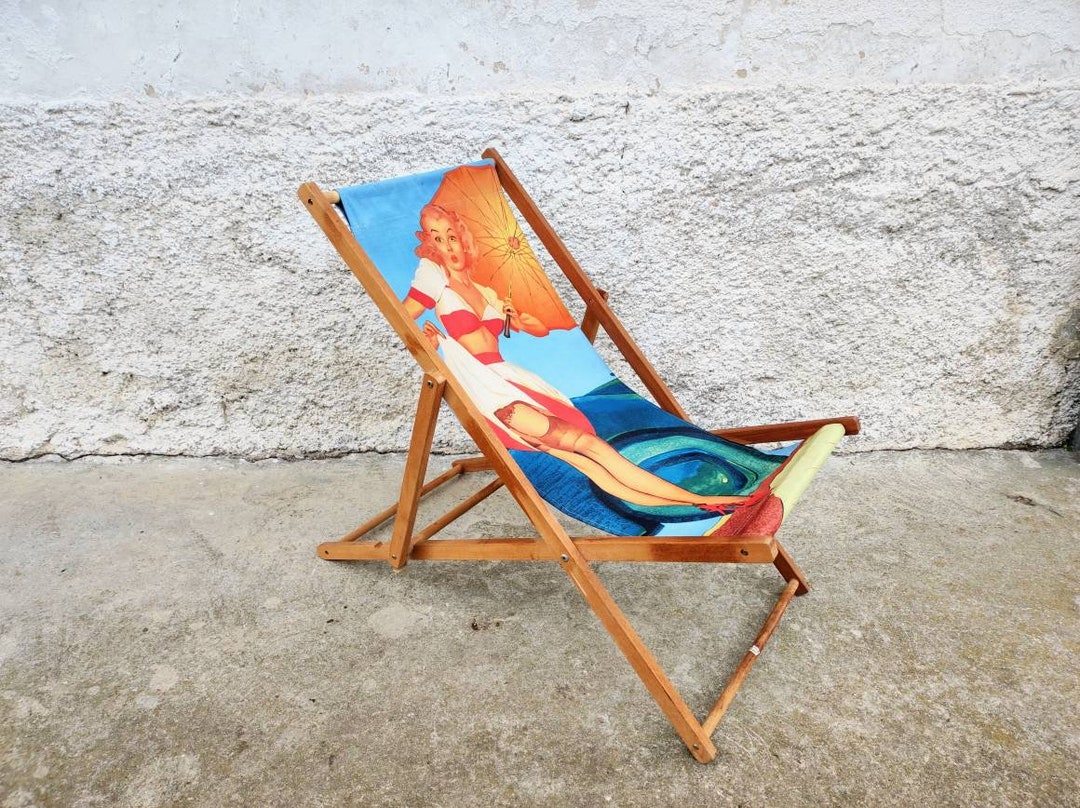 Vintage Wooden Patio Chair/ Retro Deckchair/folding Beach Chair/ Canvas ...