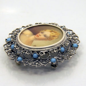 Hand Painted Lady Miniature Portrait Brooch Pin, Ornate 800 Silver ...
