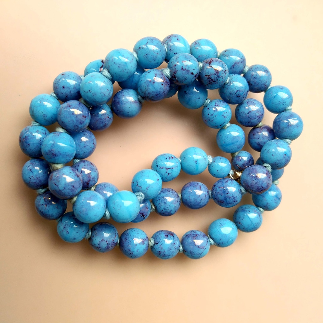 Cornflower Blue Ceramic Bead Knotted Necklace, Vintage Porcelan Jewelry ...
