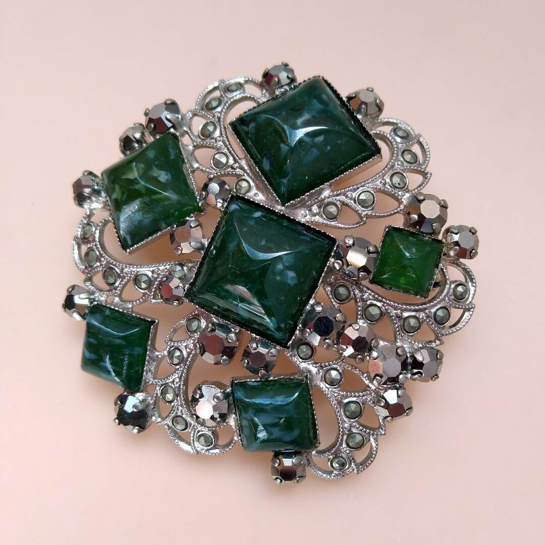 Green Square Stone Marcasite Round Brooch, Silver Tone Ornate Pin ...
