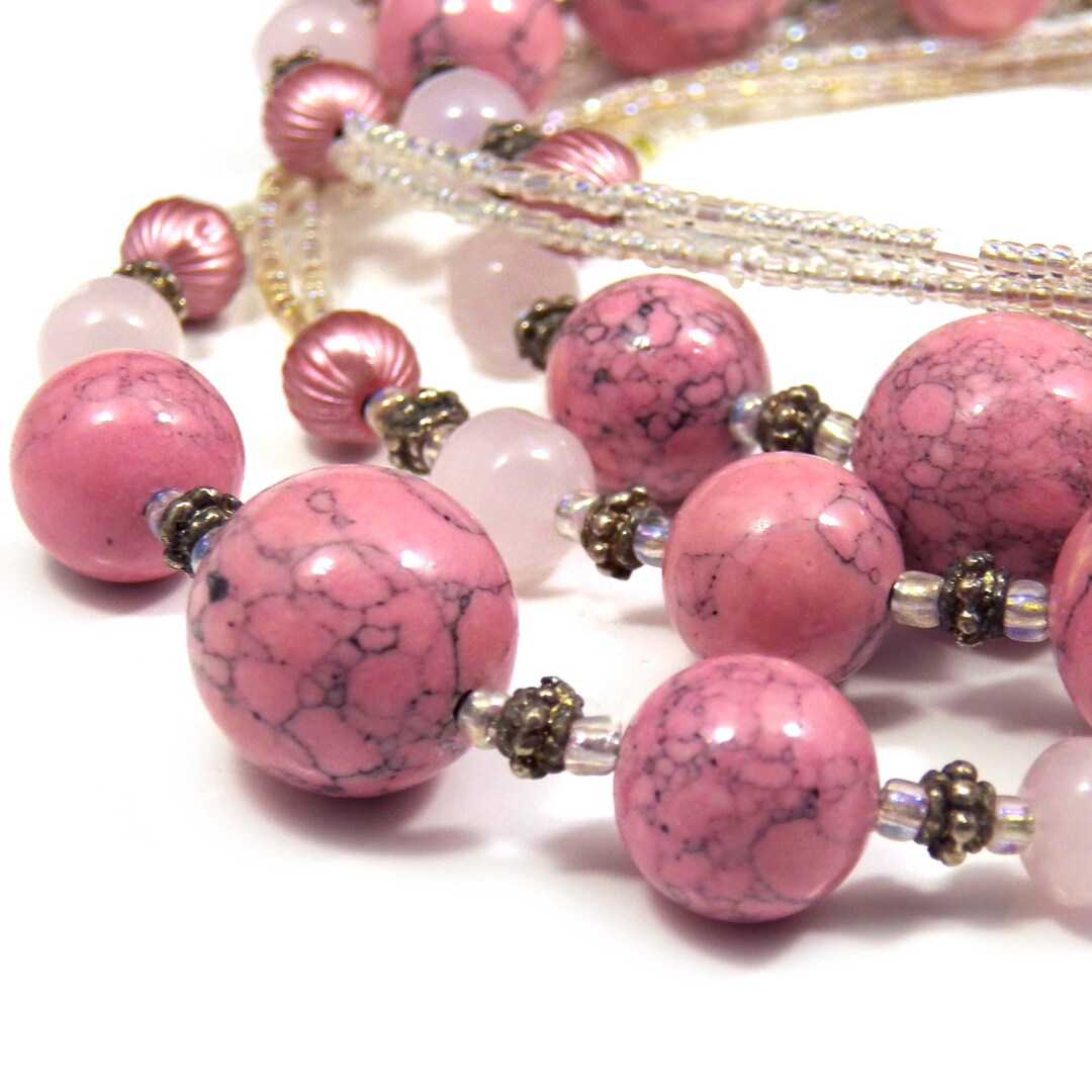 Rose Quartz & Pink Howlite Necklace: Extra Long Vintage Statement ...