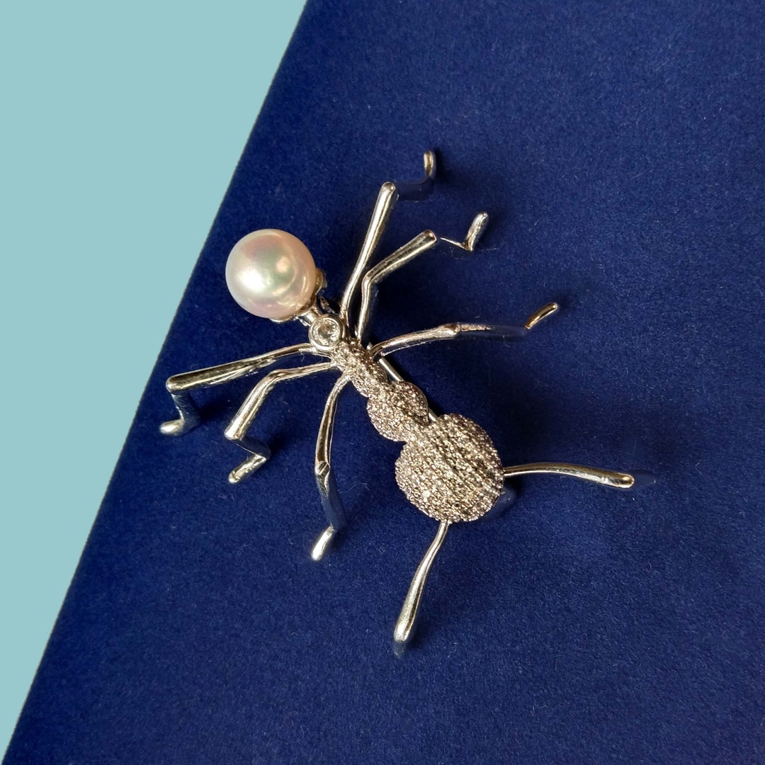 Diamond Ant Brooch, Pink Akoya Pearl Pin, Sparkling CZ Insect Jewelry ...