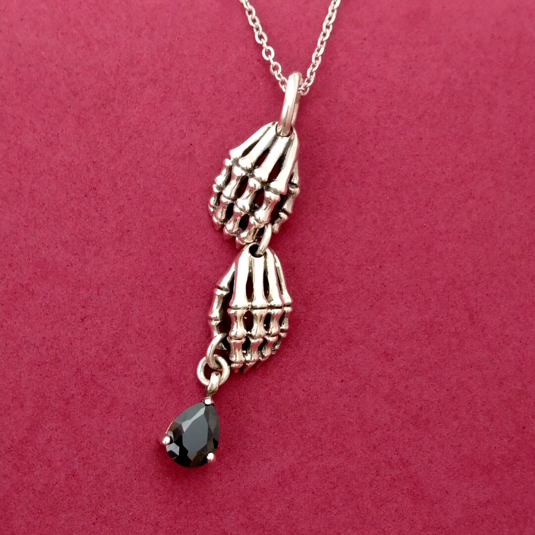 Unique Sterling Silver Skeleton Hands Pendant, Black Cubic Zirconia ...