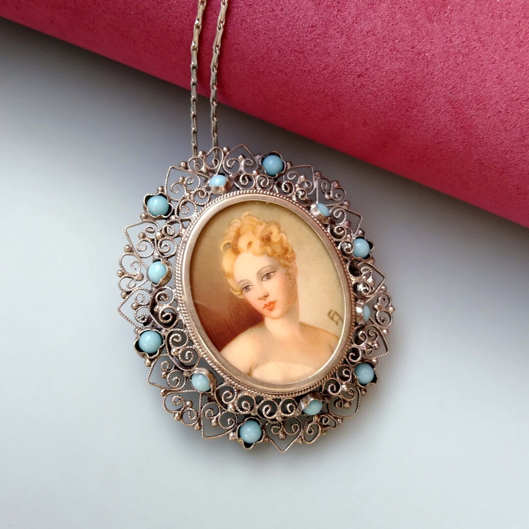 Hand Painted Lady Miniature Portrait Brooch Pin, Ornate 800 Silver ...
