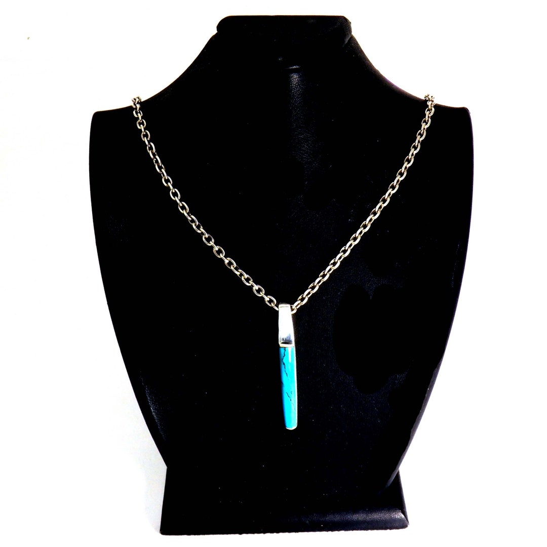 Blue Stone Long Bar Pendant, Sterling Silver Chain Necklace, Chunky ...