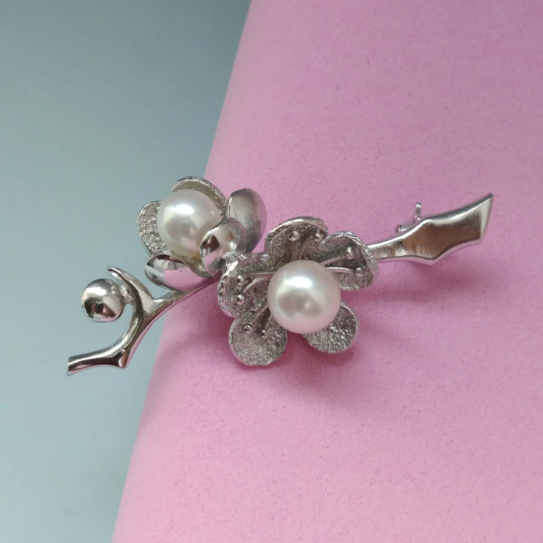 Akoya Pearl 950 Silver Sakura Branch Brooch, Sterling Silver Gemstone ...