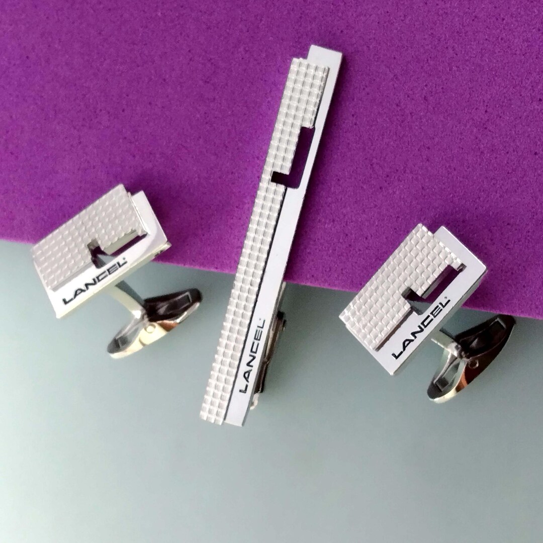Lancel Logo Silver Cufflinks and Tie Clip Set, Vintage French Designer ...