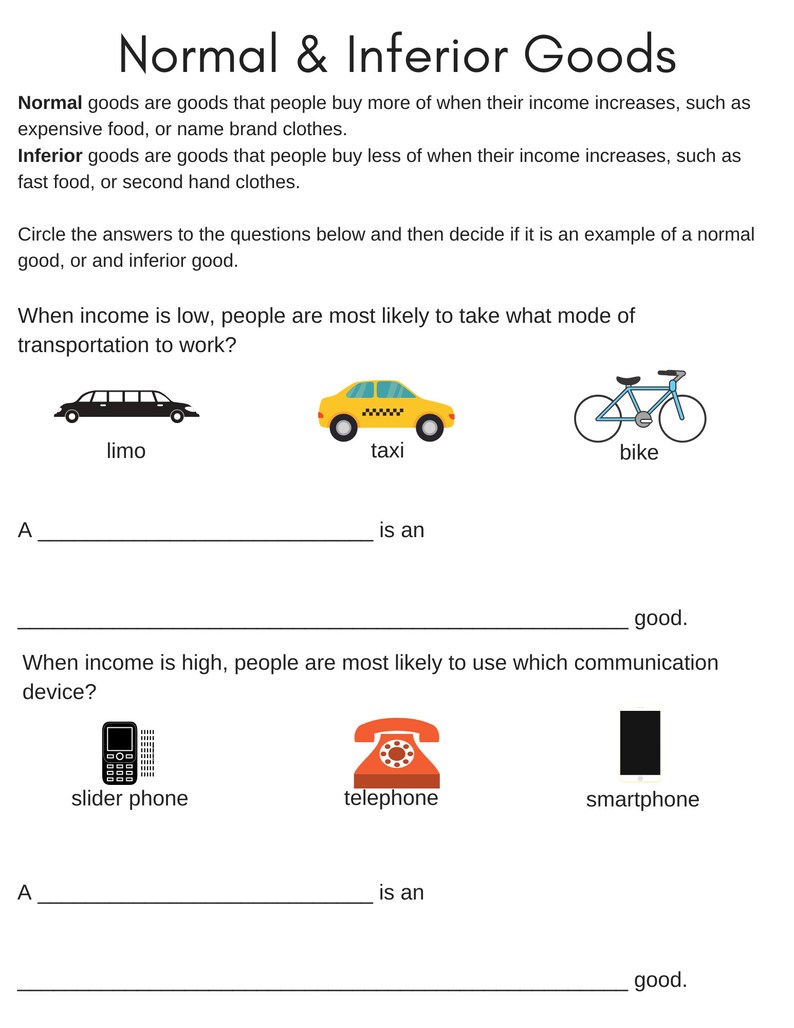 Economics Worksheet for Kids - Normal Vs Inferior Goods - Etsy