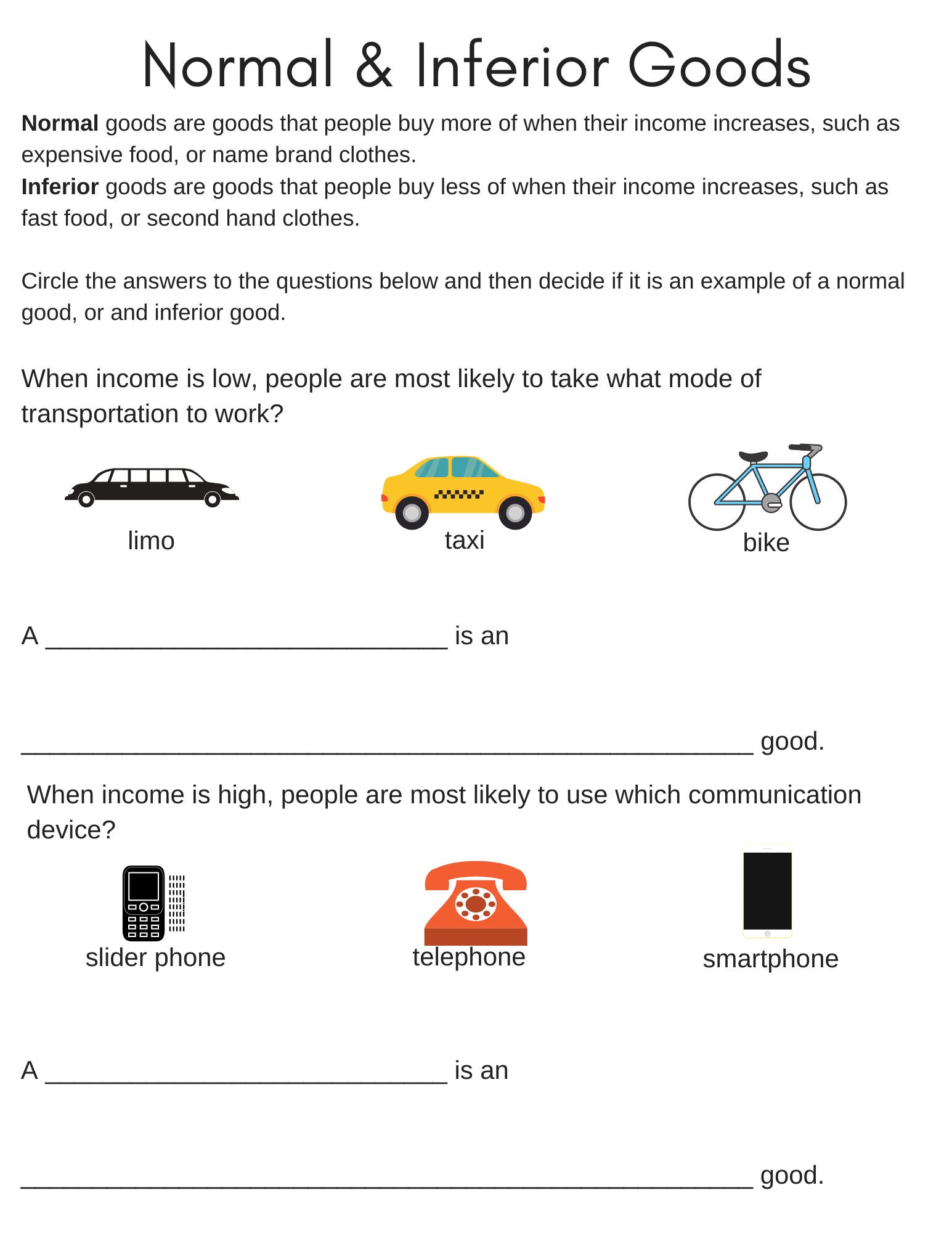 Economics Worksheet for Kids - Normal Vs Inferior Goods - Etsy