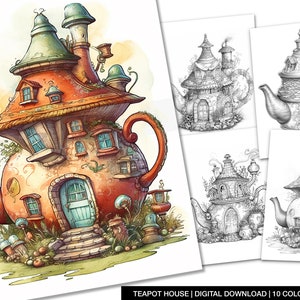 Enchanted Fairy Teapot House Coloring Pages for Adults, Printable ...