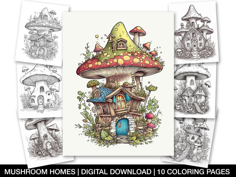 Magical Fairy Mushroom House Coloring Pages for Adults - Etsy