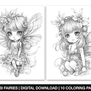 Cute Chibi Fairies Coloring Page for Adults, Printable Kawaii Chibi ...