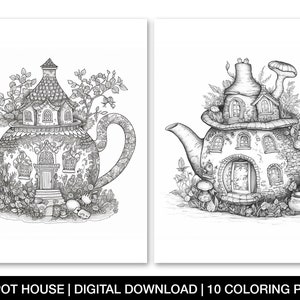 Enchanted Fairy Teapot House Coloring Pages for Adults, Printable ...