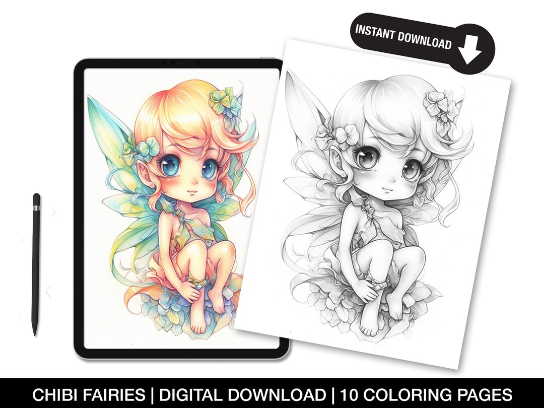 Cute Chibi Fairies Coloring Page for Adults and Teens - Kawaii Fairy ...