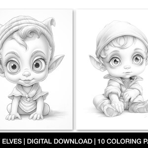 Cute Baby Elves Coloring Pages for Adults, 10 Printable Grayscale ...