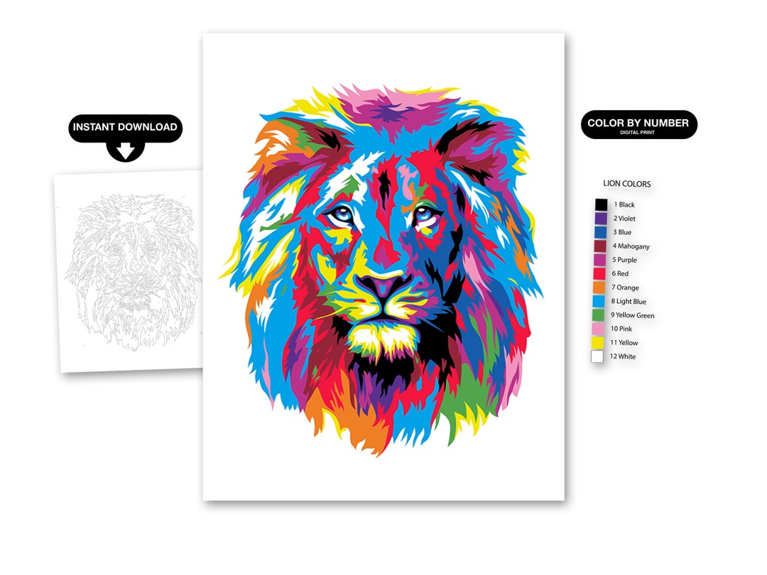 Color by Number Coloring Page, Colourful Abstract Lion, Adult Coloring ...