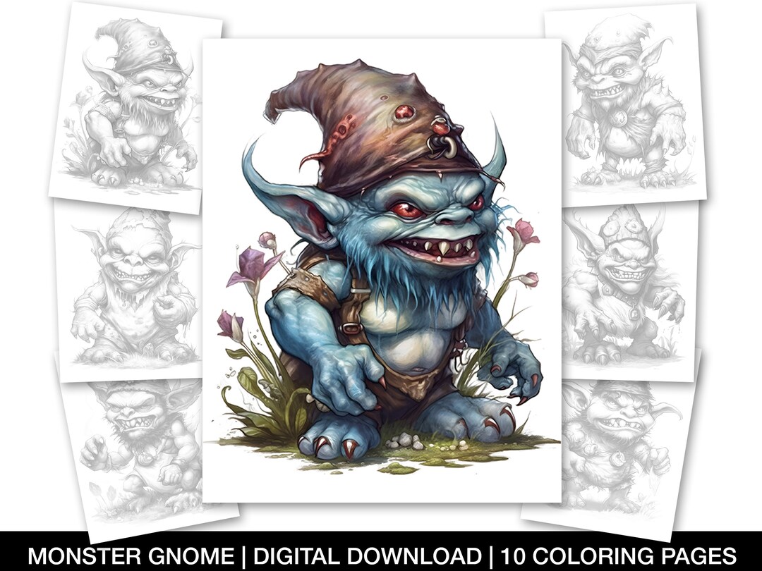 Monster Gnomes Coloring Pages for Adults, Printable Monstrous Gnomes ...